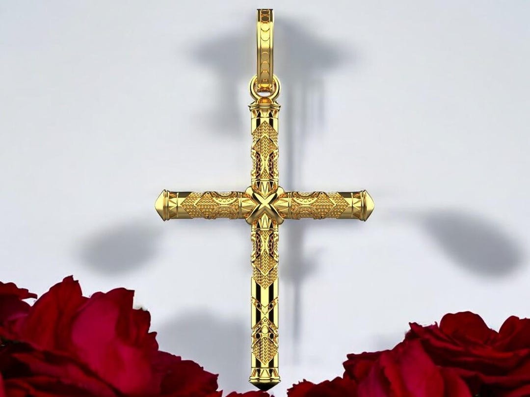 14k Solid Gold Cross Pendant With Design, 6.15 Grams 14k Gold Cross ...