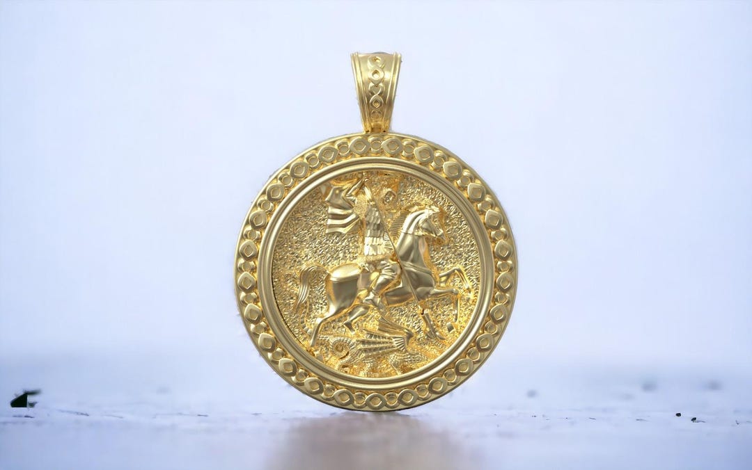 14k Solid Gold Saint George Pendant, St George Dragon Hunter Pendant ...