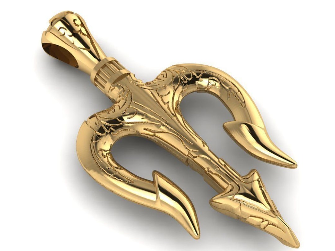 14k Solid Gold Trident Pendant, Gold Trident Pendant, Unisex Trident ...