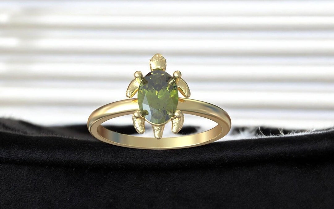 14k Solid Gold Turtle Ring With Birthstone, Birthstone Turtle Ring for ...