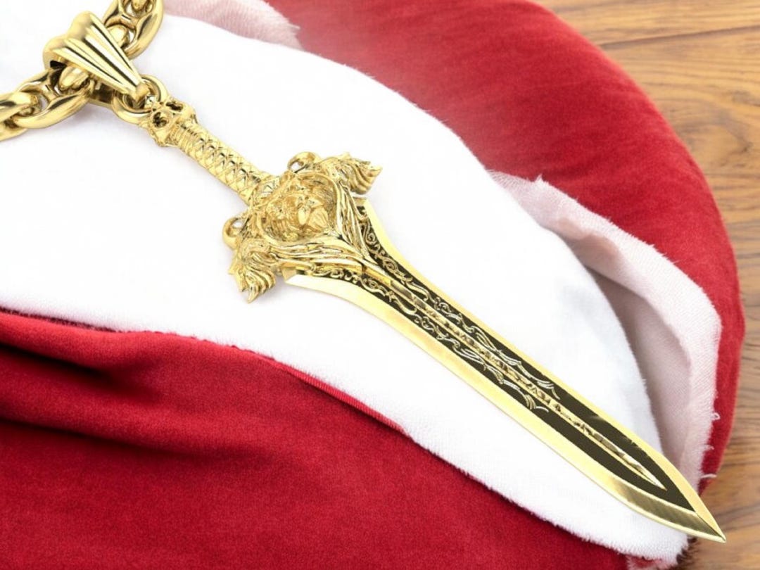 14k Solid Gold Sword Pendant With Lion Head, Unique Lion Head Sword ...