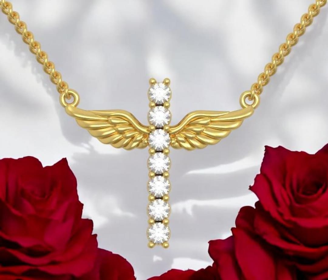 14k Solid Gold Diamond Angel Cross Necklace, Angel Cross With Diamonds ...