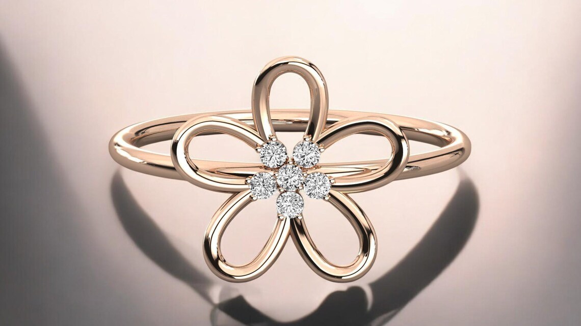 14k Solid Gold Dainty Diamond Flower Ring, Minimalist Diamond Flower ...