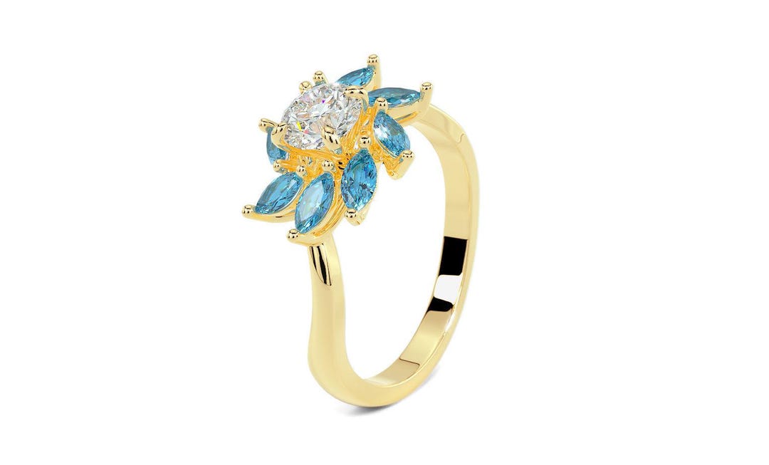 14k Solid Gold Flower Design Diamond Engagement Ring With Aquamarine ...
