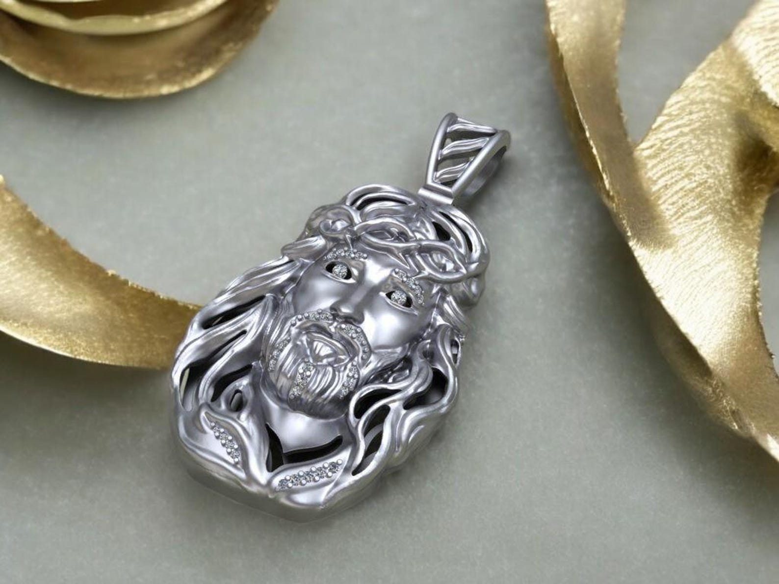 14K, 18K Solid Gold Diamond Jesus Pendant, Solid Gold 3D Jesus Pendant ...