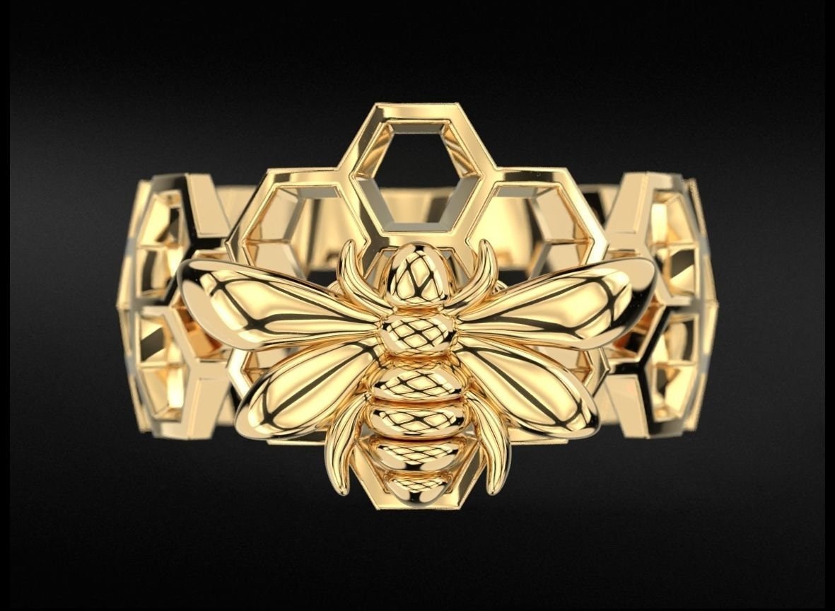 14k Solid Gold Honeycomb Ring, Bee Ring With Honeycomb, Bee Statement ...