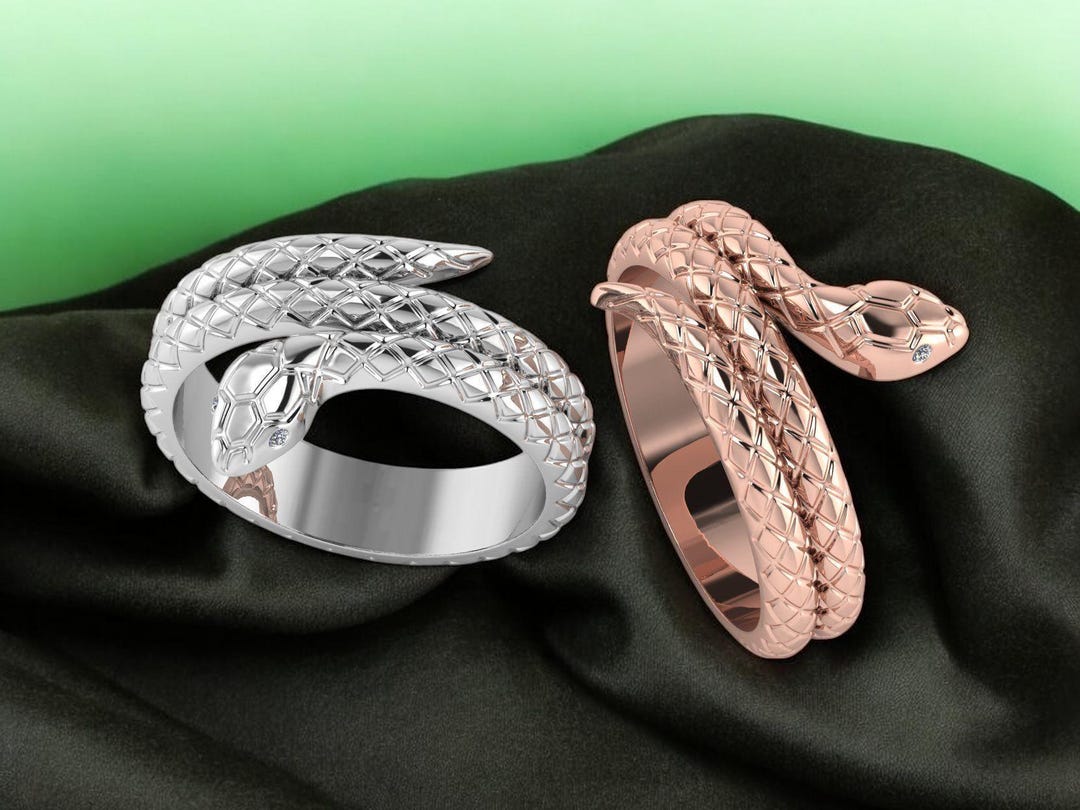 14k Solid Gold Snake Ring With Diamond Eyes, Snake Ring, Statement Ring ...