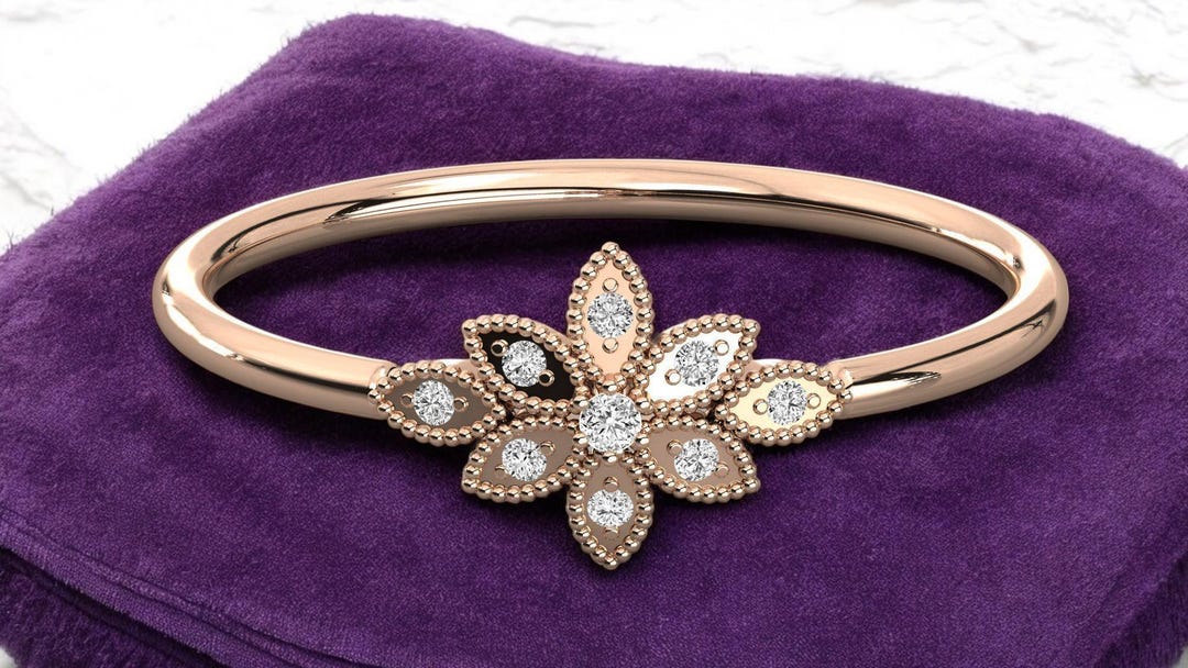 14k Solid Gold Floral Design Diamond Ring, Dainty Floral Diamond Ring ...