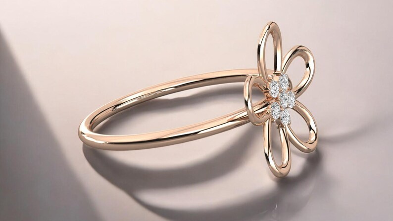 14k Solid Gold Dainty Diamond Flower Ring, Minimalist Diamond Flower ...