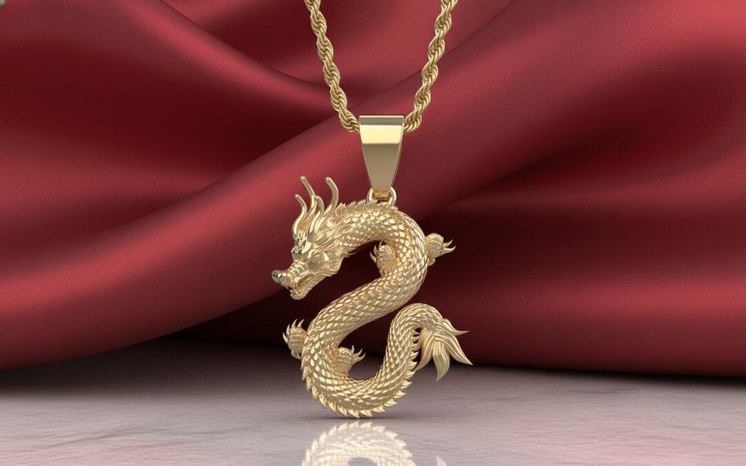 14K Gold Dragon Pendant • Diamond Eye Mythical Necklace • Large Bail ...