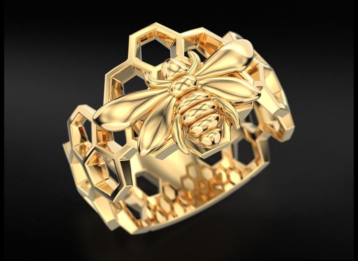 14k Solid Gold Honeycomb Ring, Bee Ring With Honeycomb, Bee Statement ...