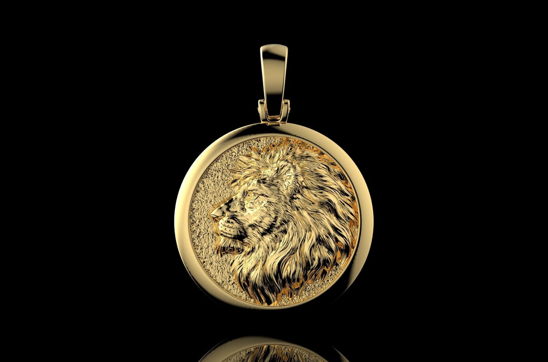 18k Solid Gold Lion Pendant, Round Gold Lion Pendant, Unisex Lion ...