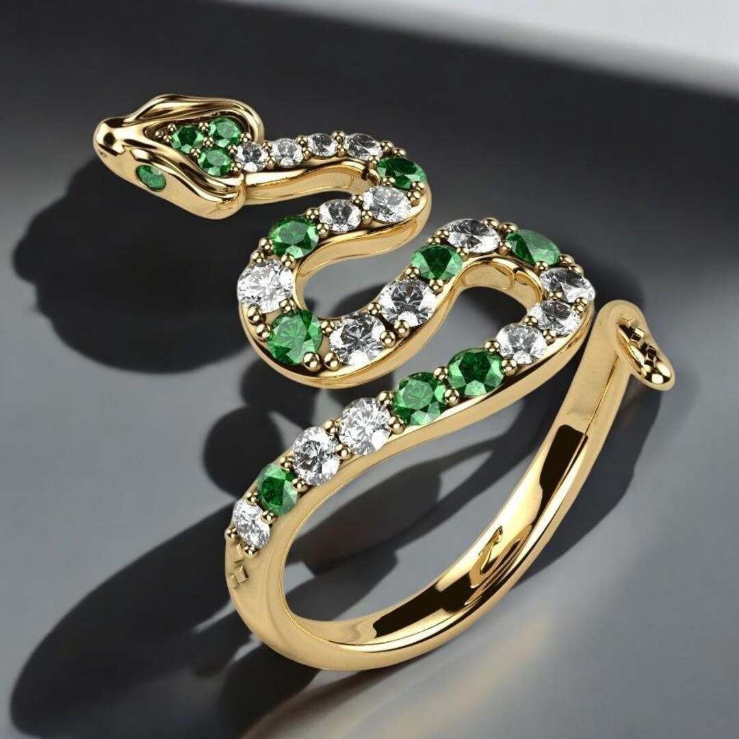 14k Solid Gold Snake Ring With Emerald and Diamonds, Snake Ring ...