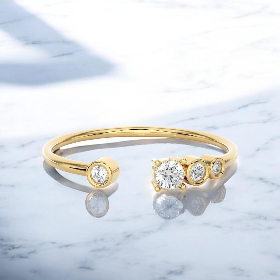 14k Solid Gold Open End 4 Diamond Ring, Diamond Band for Her ...