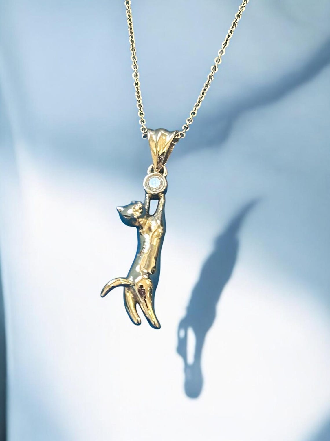 14k Solid Gold Cat Pendant, Diamond Cat Pendant, Climbing Cat Pendant ...