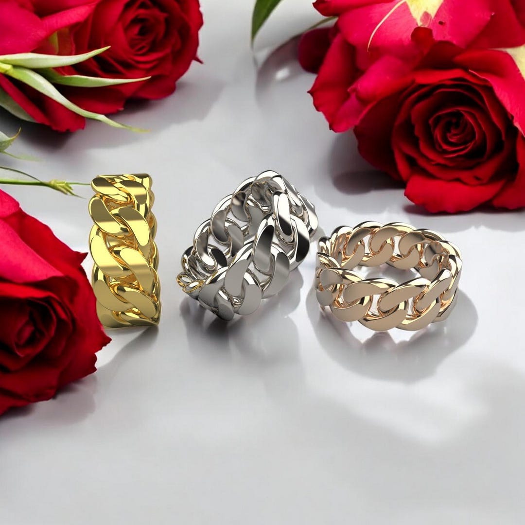 14k Solid Gold 8.5mm Miami Cuban Link Chain Ring, 8mm Wide Stackable ...