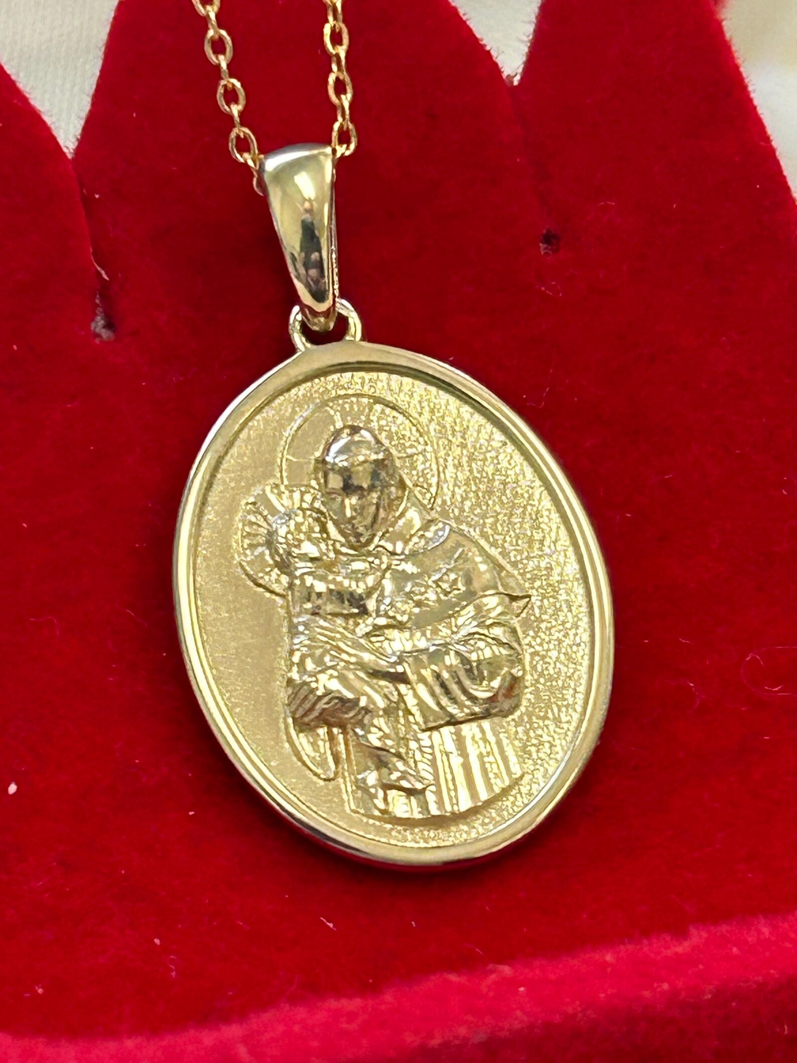 14k Solid Gold Saint Anthony Pendant, Oval Saint Anthony Pendant, St ...