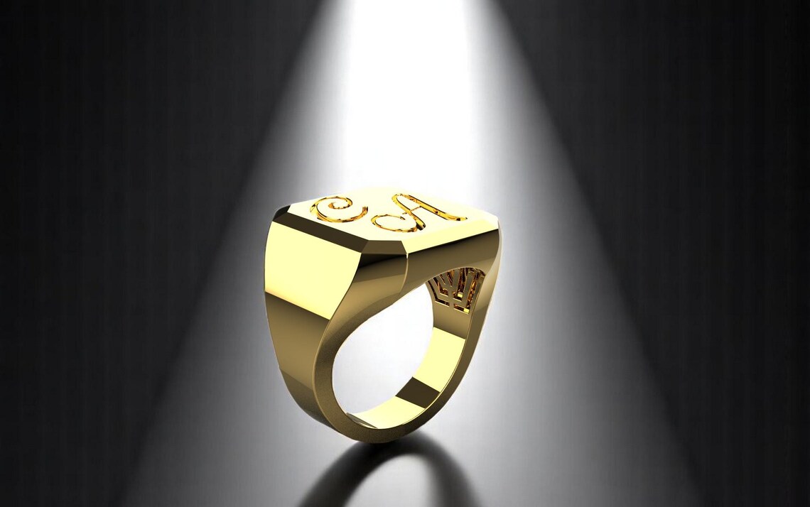 14k Solid Gold Two Initial Large Signet Ring, Men's Large Signet Ring ...