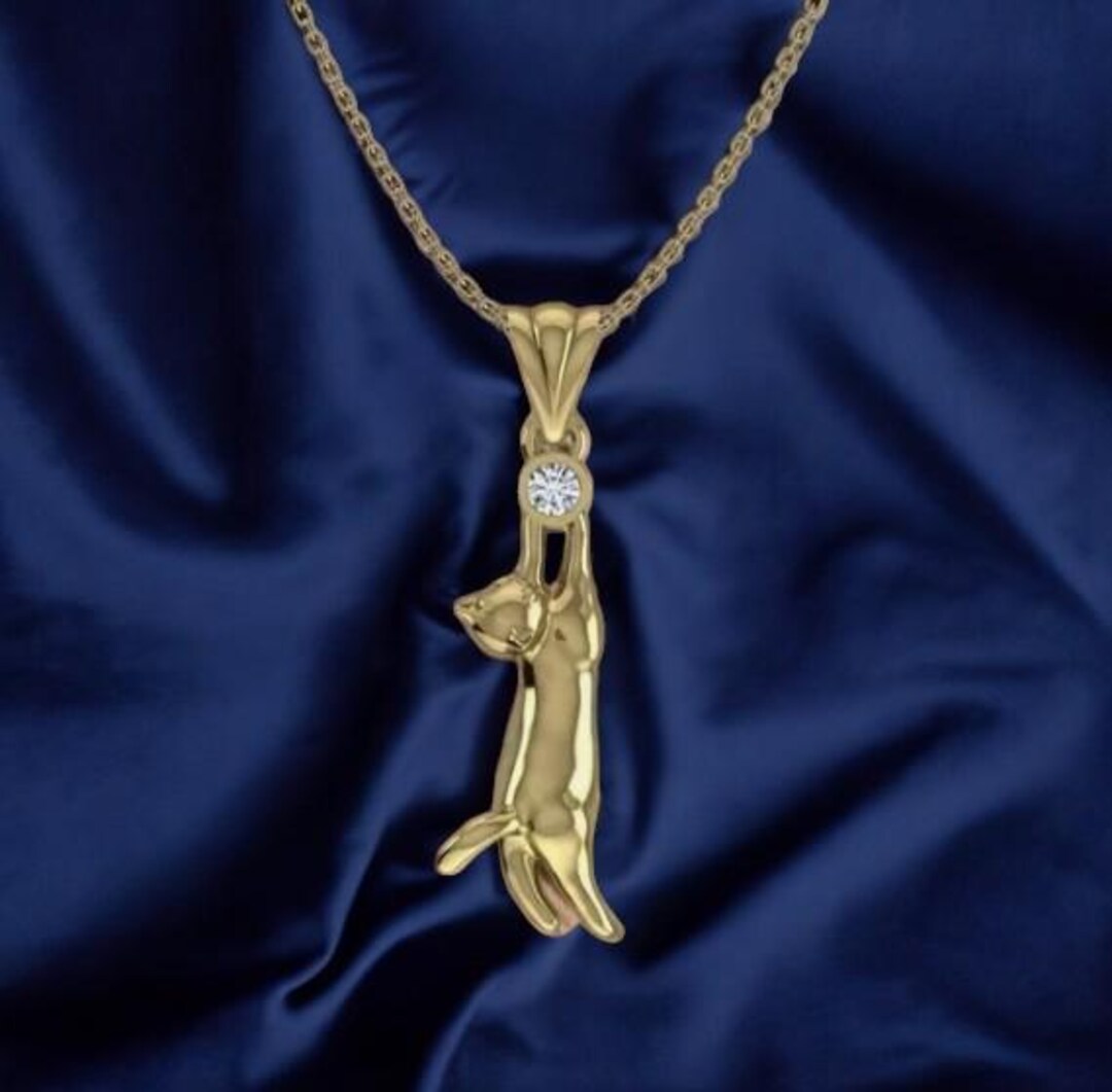 14k Solid Gold Cat Pendant, Diamond Cat Pendant, Climbing Cat Pendant ...