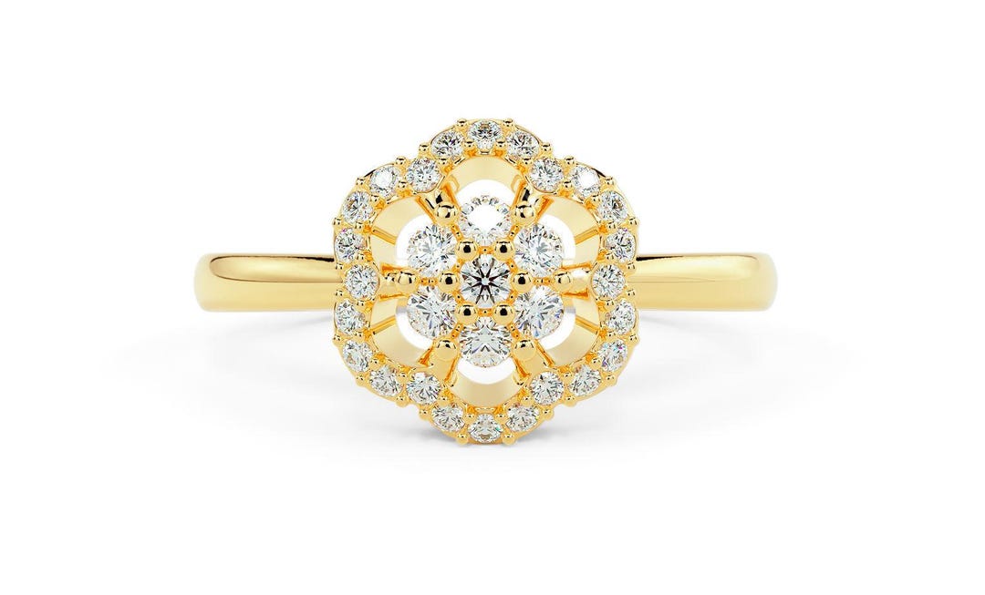 14k Solid Gold Flower Design Diamond Ring, Flower Shape Diamond ...