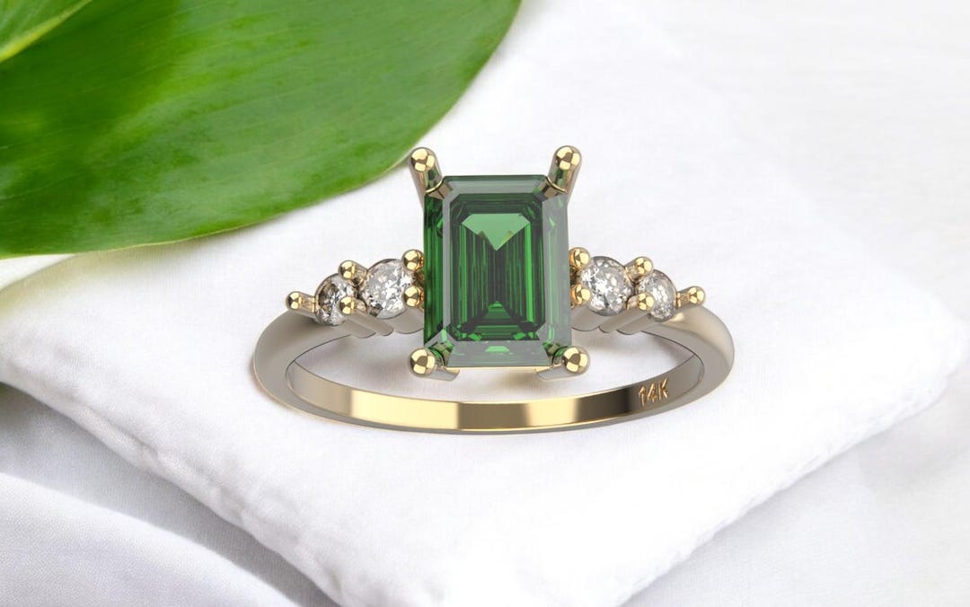 14k Gold Emerald Cut Ring, Rectangle Cut Birthstone Diamond Ring, Solid ...