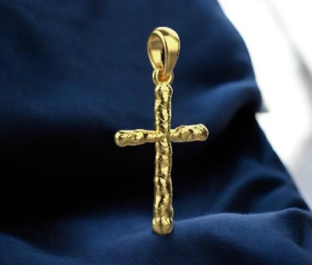 14k Solid Gold Hammered Cross Pendant, Gold Irregular Hammered Small ...