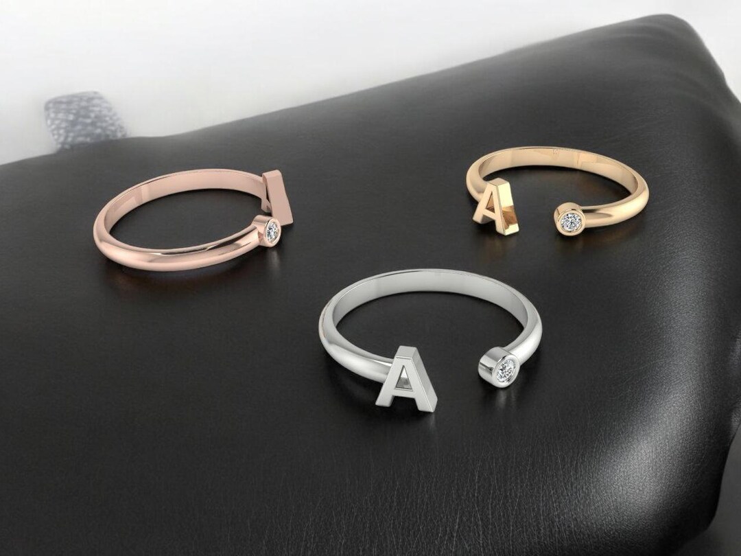 14k Solid Gold Initial Diamond Ring, Letter Diamond Ring, 14k Solid ...