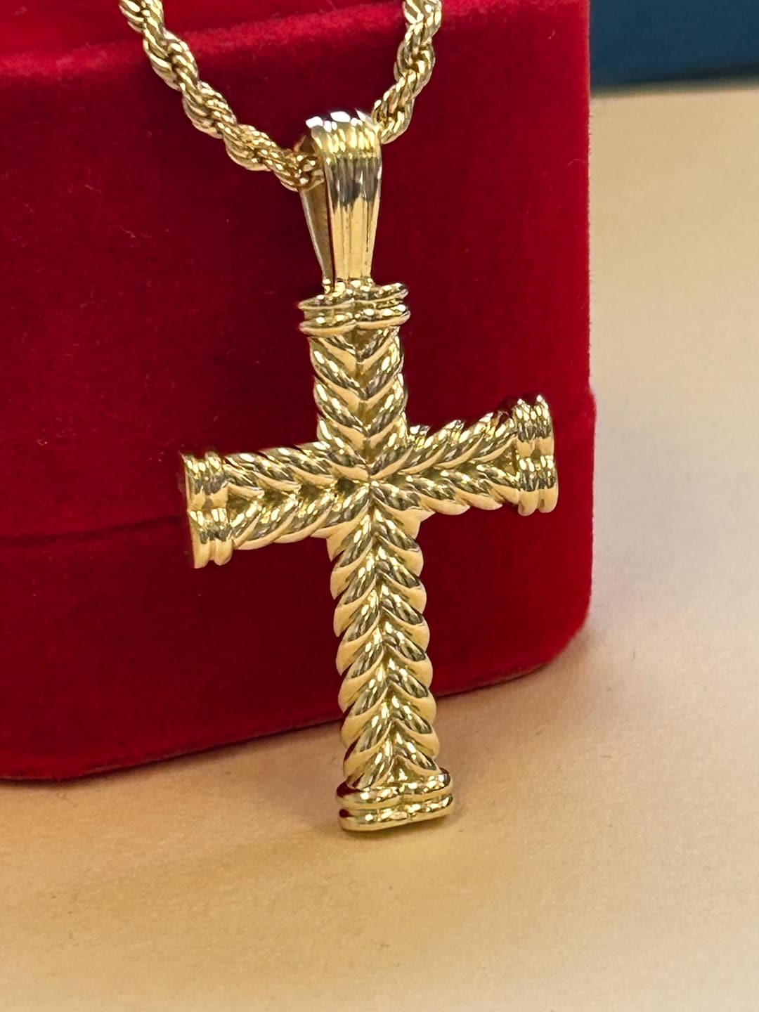 14k Solid Gold Rope Cross Pendant, Gold Double Row Rope Design Cross ...