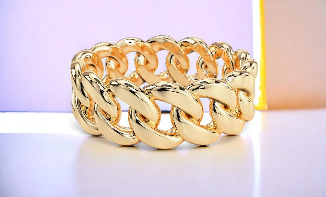 14k Solid Gold Cuban Chain Ring, 7mm Gold Cuban Chain Ring, Unisex ...