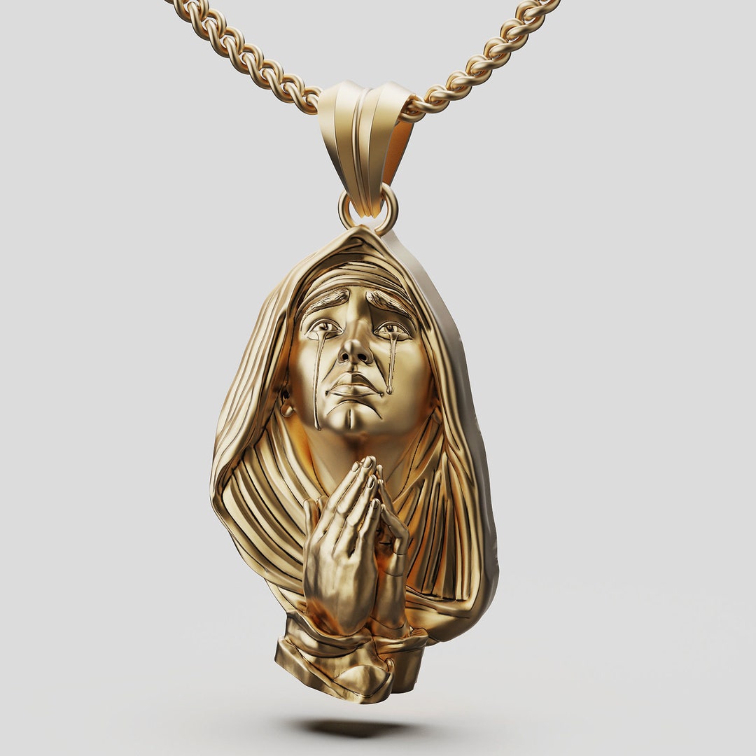14k Solid Gold Crying Saint Mary Pendant, Holy Mary Pendant, Mourning ...