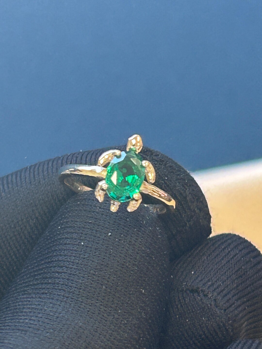14k Solid Gold Turtle Ring With Emerald Gem, Emerald Turtle Ring for ...
