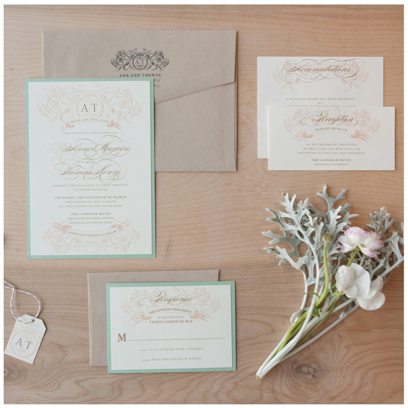 Wedding Invitation Rustic, Mint and Blush Wedding Invitation, Vintage ...