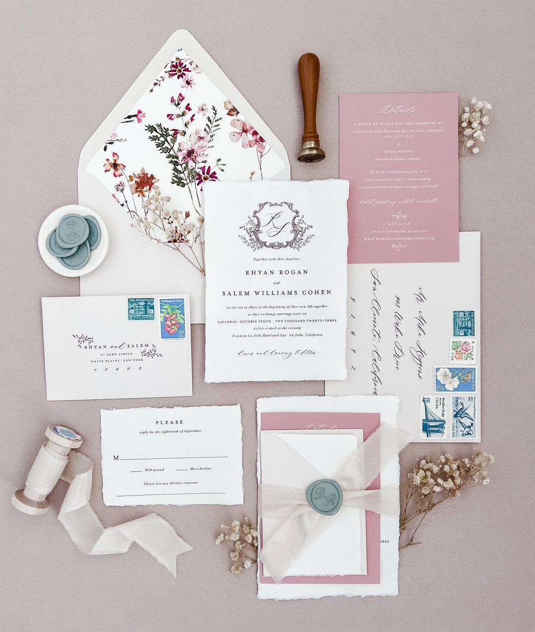 Old World Wedding, Wildflower Invitation, Wax Seal, Pink Invitation ...