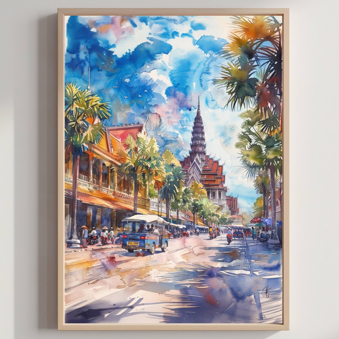 Phnom Penh Cambodia Watercolor Travel Poster: Asian Wall Art (digital ...