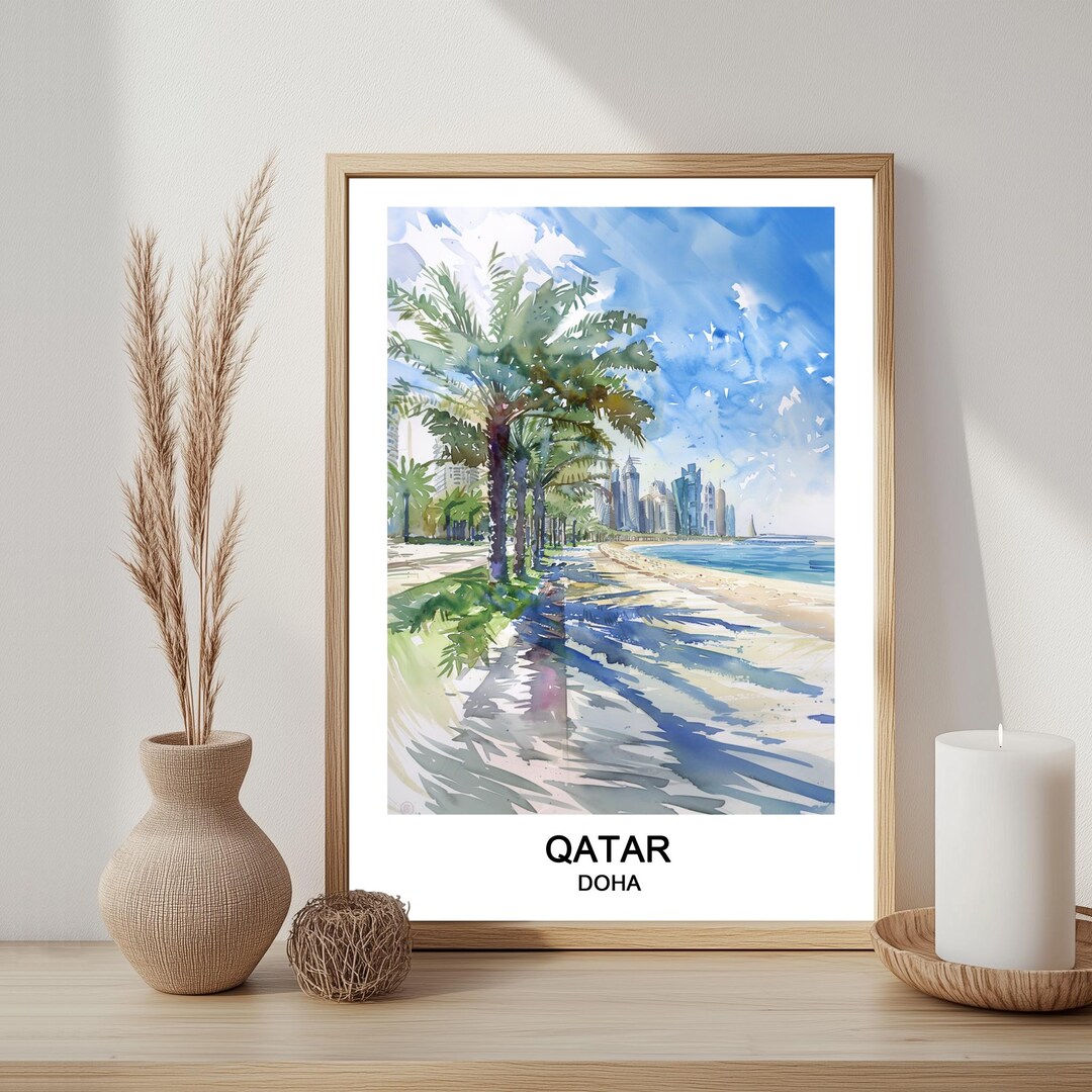 Doha Qatar Watercolor Print: Travel Poster, Beach Palm View ...