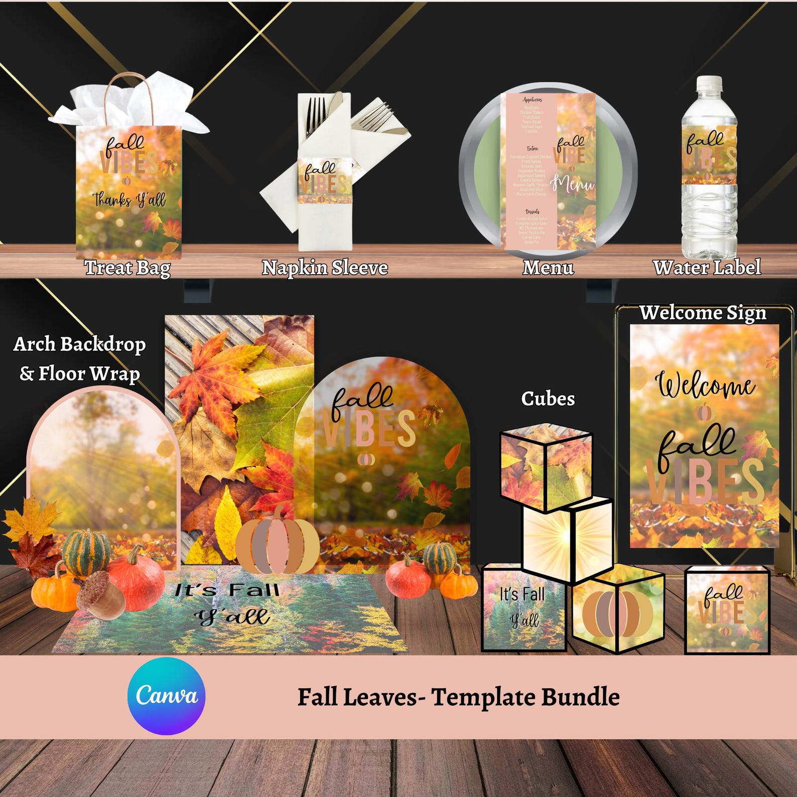 Fall Leaves Template Bundle, Canva Editable, Arch Backdrop, Custom ...