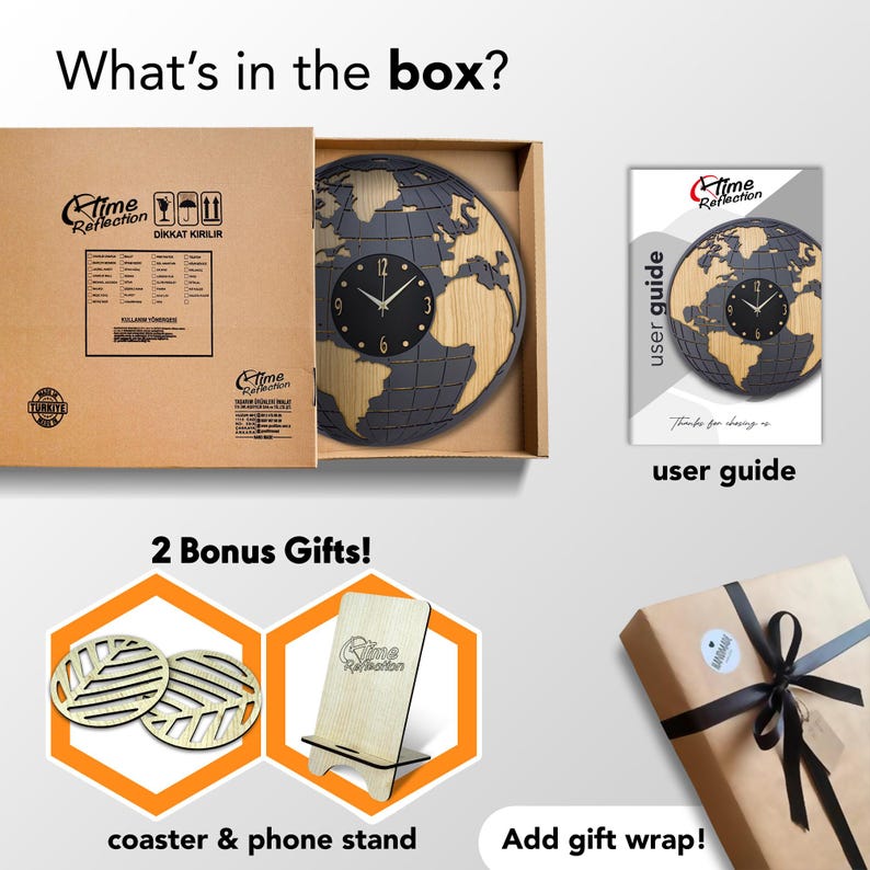 World Map Wooden Wall Clock 19.68 50 Cm Earth Wall Clock, Best Traveler ...