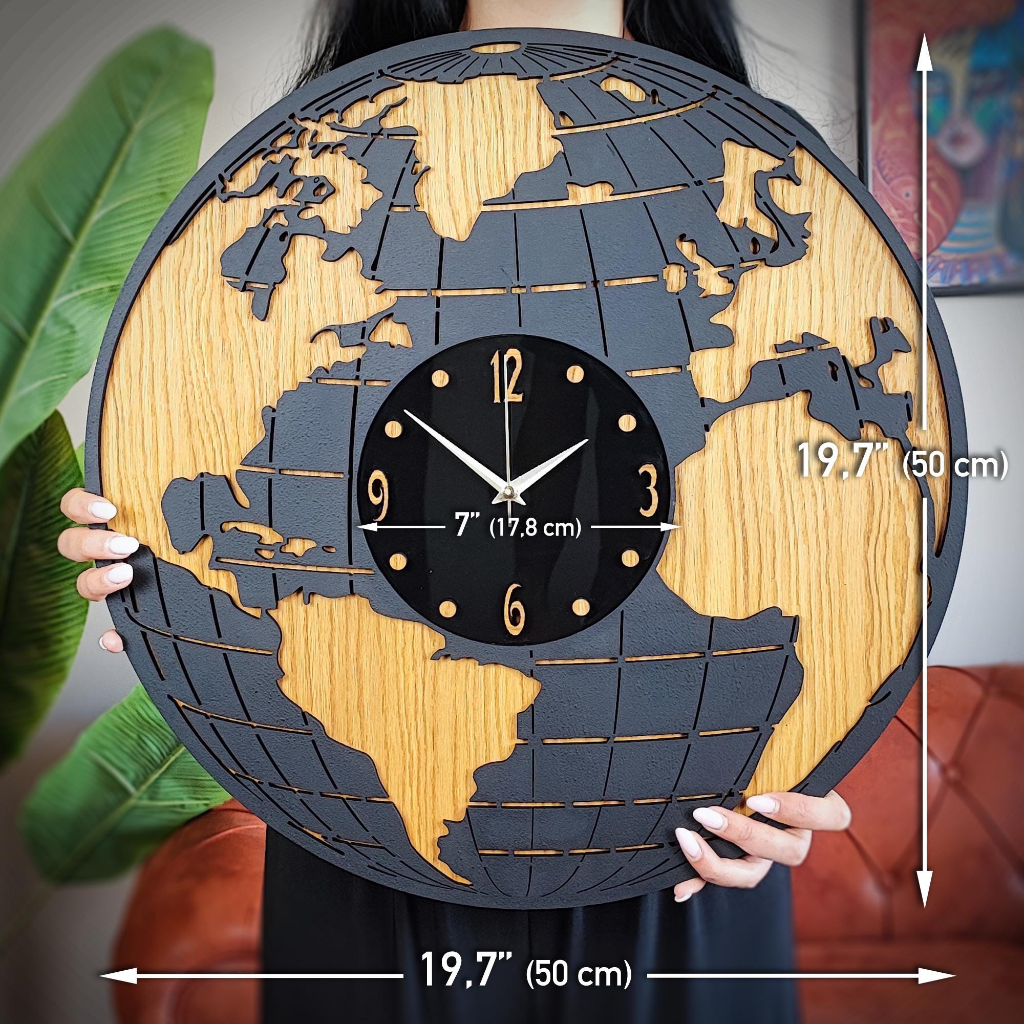 World Map Wooden Wall Clock 19.68 50 Cm Earth Wall Clock, Best Traveler ...