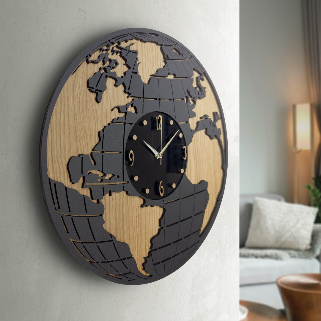 World Map Wooden Wall Clock Earth Wall Clock Best Traveler Gift ...