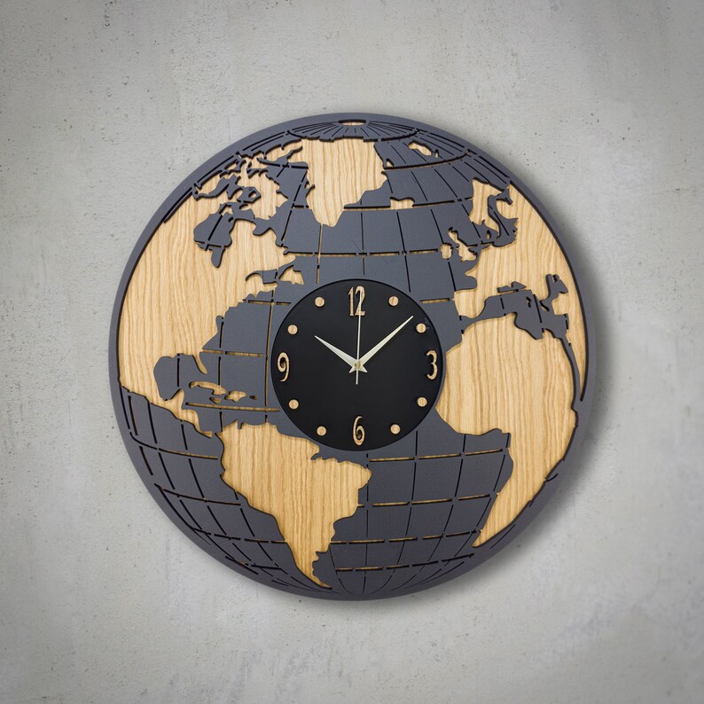 World Map Wooden Wall Clock Earth Wall Clock Best Traveler Gift ...