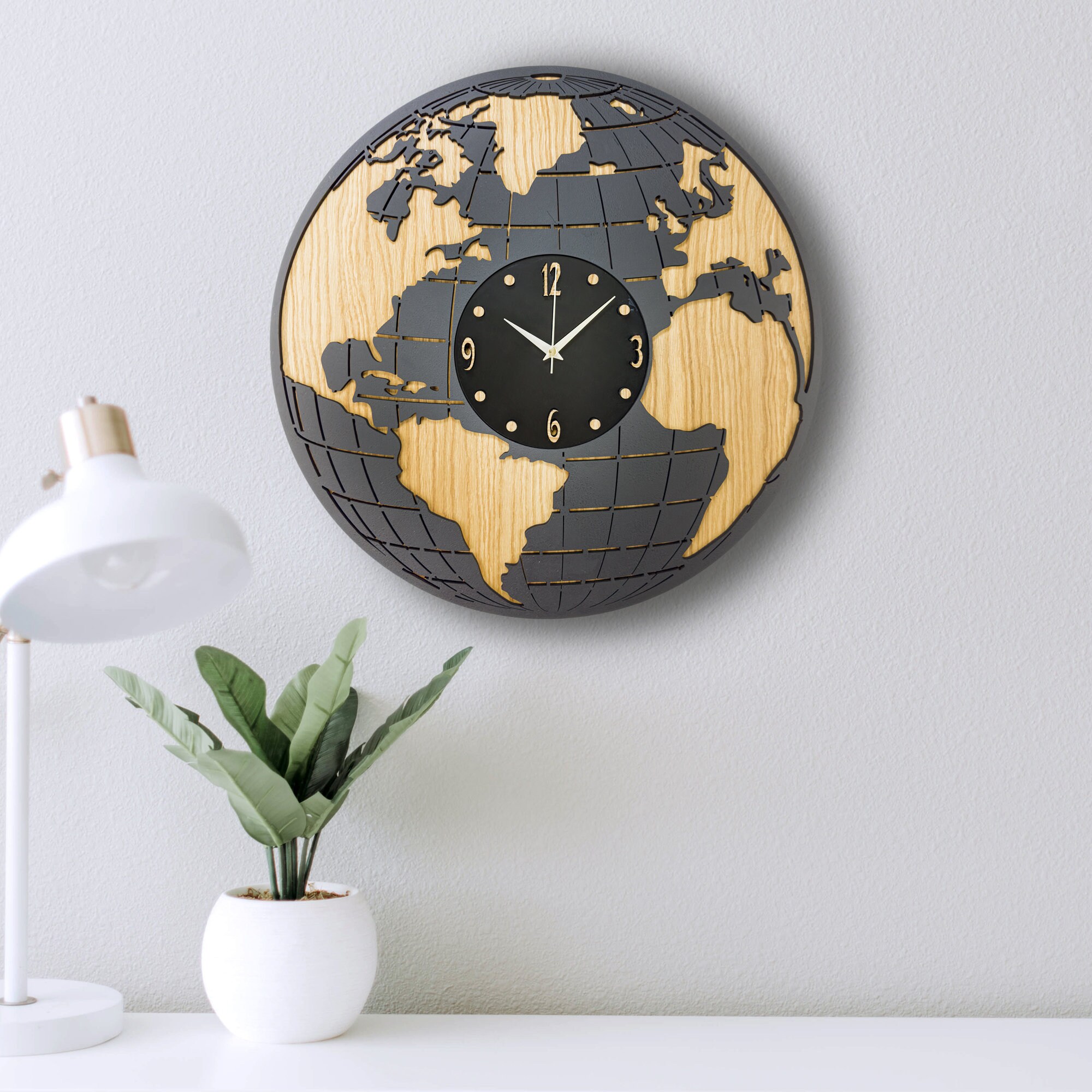World Map Wooden Wall Clock 19.68 50 Cm Earth Wall Clock, Best Traveler ...
