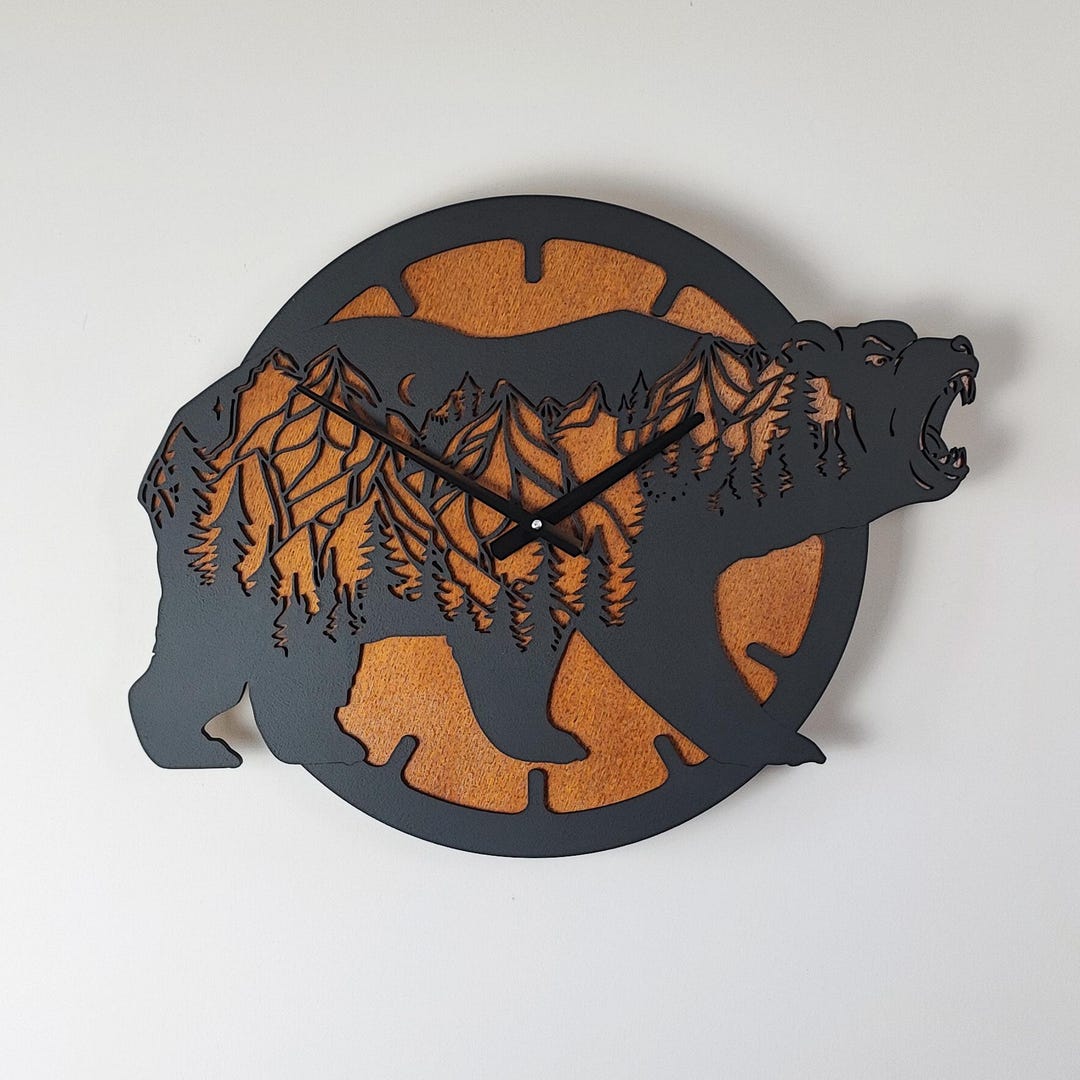 Bear Themed Wooden Wall Clock, Hunter Wall Clock, Nature Themed Clock ...