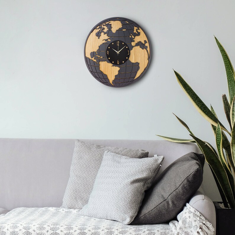 World Map Wooden Wall Clock Earth Wall Clock Best Traveler Gift ...