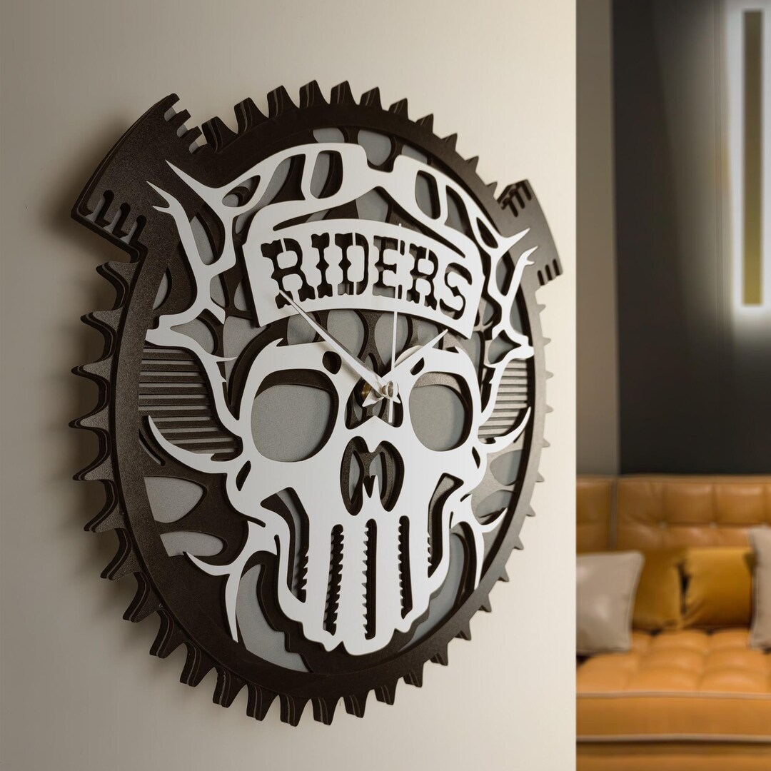 Chopper Motorcycle Riders Wall Clock Skull Clock Layered MDF Art Riders ...