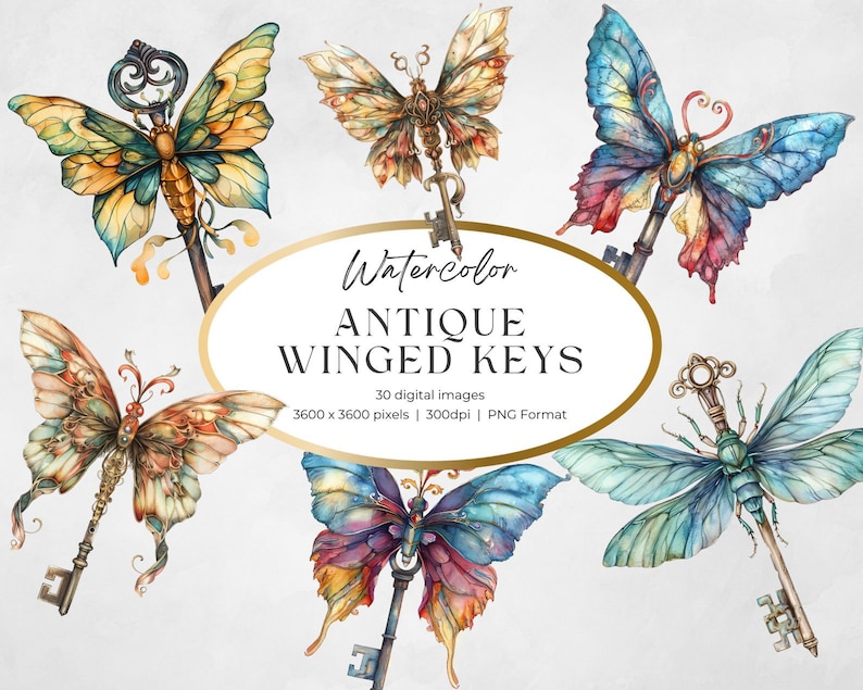 Watercolour Antique Winged Keys Clipart Butterfly Insect Wings Creative ...