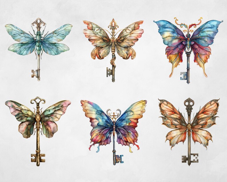 Watercolour Antique Winged Keys Clipart Butterfly Insect Wings Creative ...
