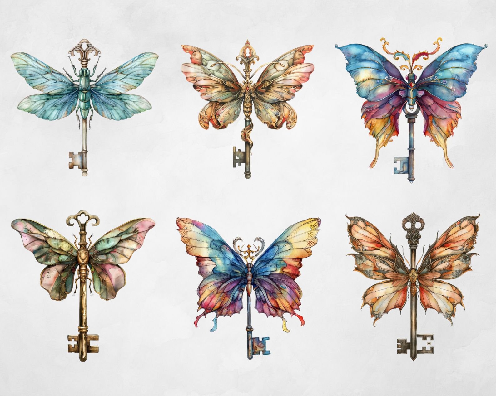 Watercolour Antique Winged Keys Clipart Butterfly Insect Wings Creative ...