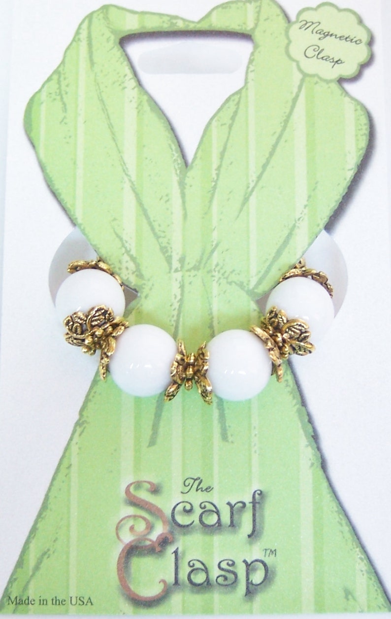 Scarf Clasp-clip Holder- Magnetic Clasp – White Glass Beads Gold Tone ...