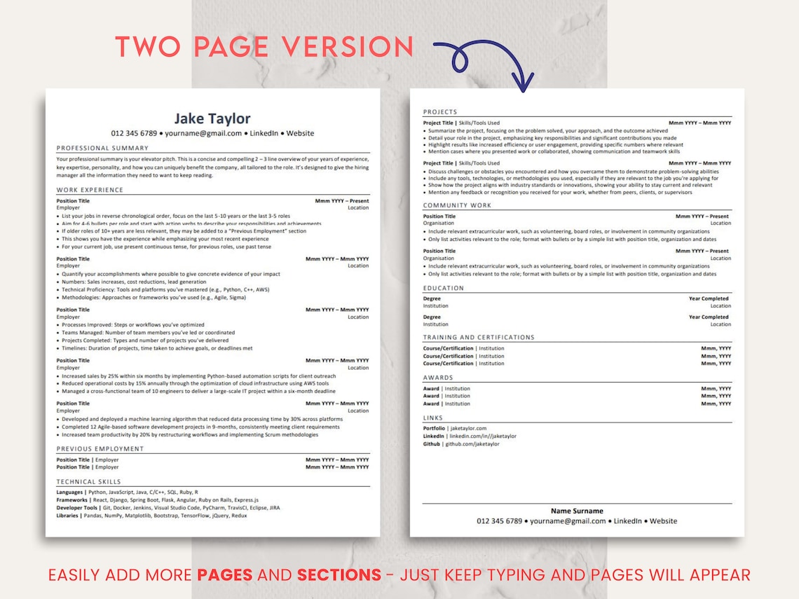 Jake's Resume Word DOCX Google Docs Template | IT, Tech, Software ...