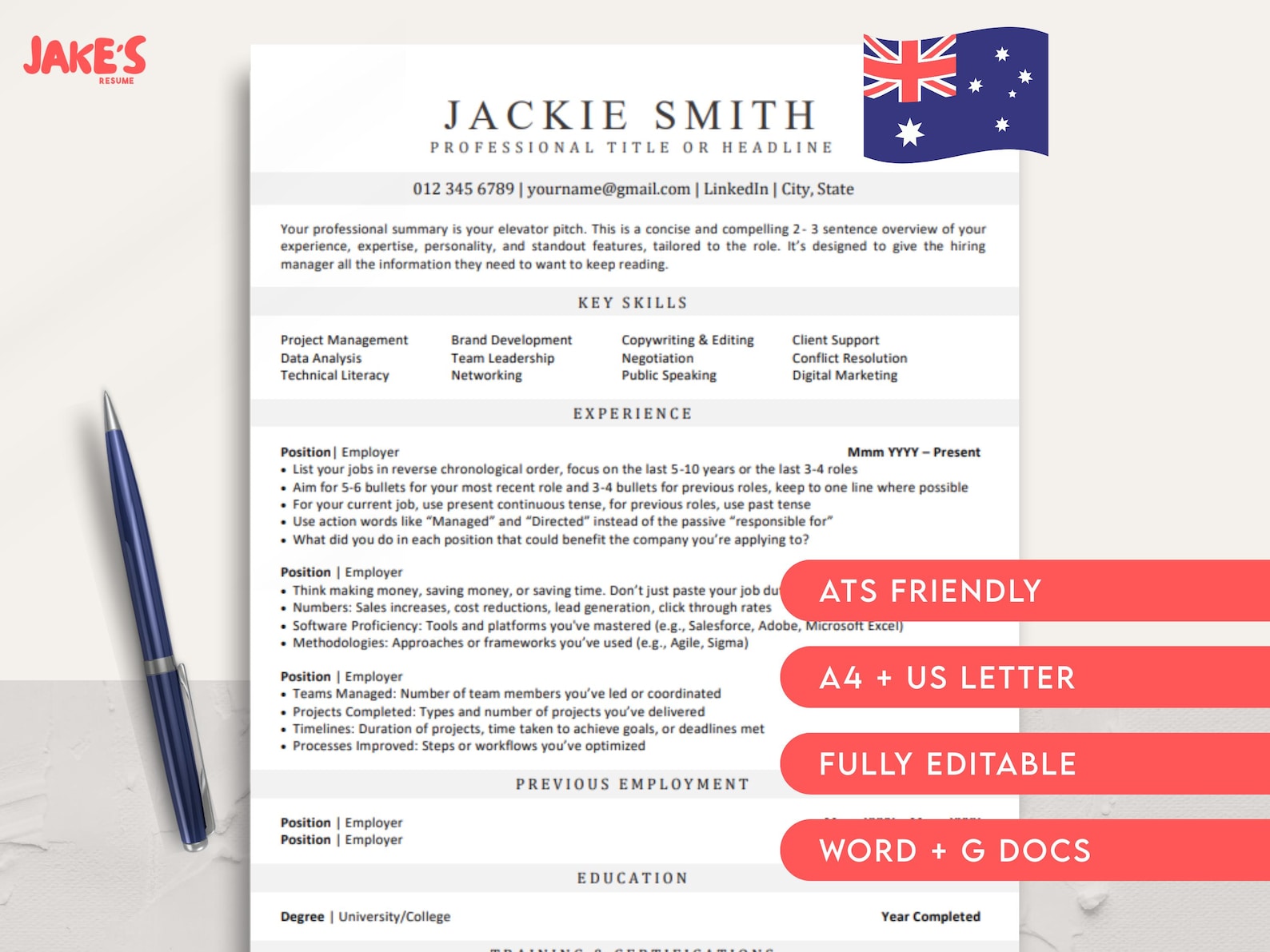 Australian Resume Template | Word, Google Docs Resume | ATS Friendly ...